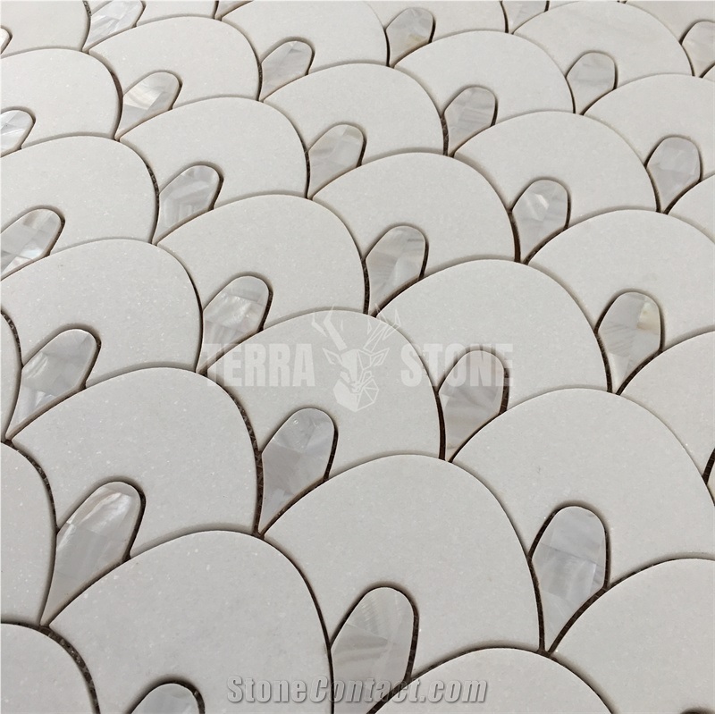 Fish Scale Tile Marble Waterjet Mosaic Fan Shape With Shell from China ...