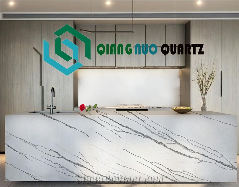 Qiangnuo Diagonal Fish Belly White Hard Quartz Kitchen Countertop from ...