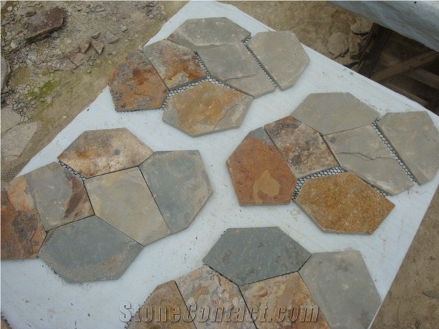 Wellest Rusty Brown Multi Color Slate Meshed Paving Stone,Exterior ...